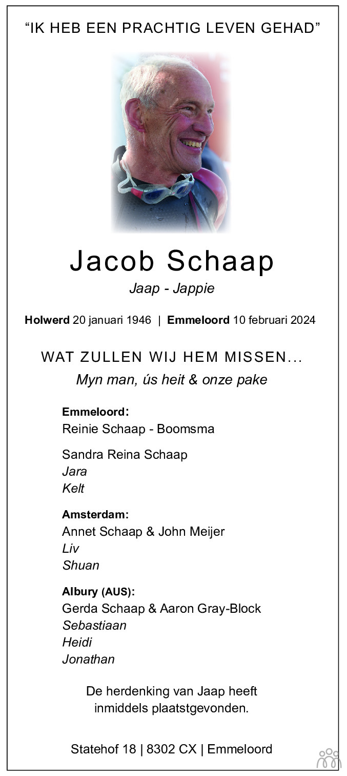 Jacob (Jaap - Jappie) Schaap 10-02-2024 overlijdensbericht en ...
