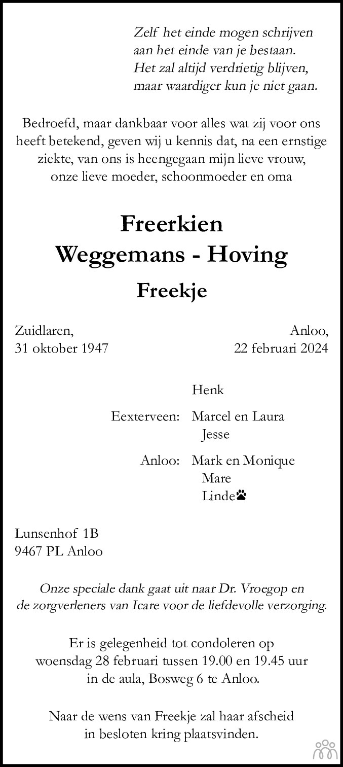 Freekje Weggemans-Hoving 22-02-2024 overlijdensbericht en condoleances - Mensenlinq.nl