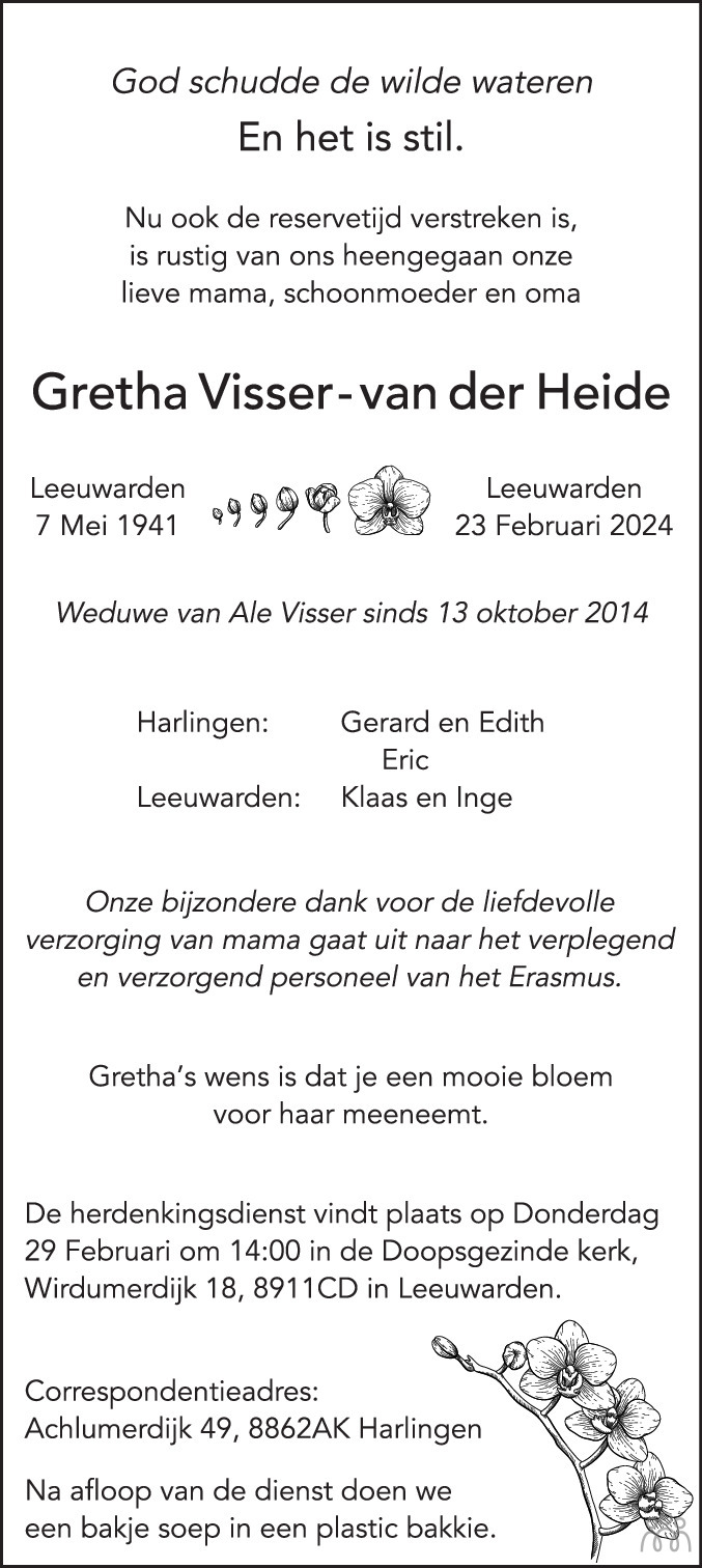 Gretha Visser-van der Heide 23-02-2024 overlijdensbericht en ...