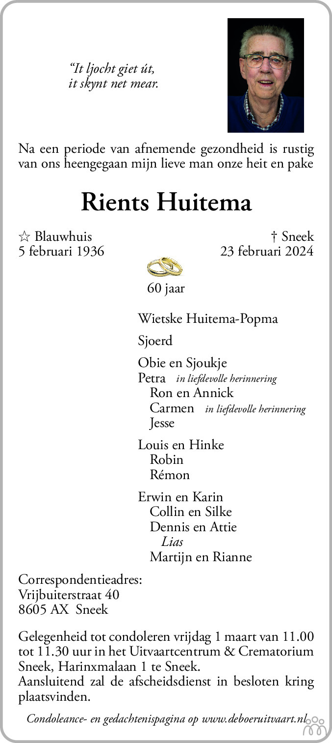 Rients Huitema 23-02-2024 overlijdensbericht en condoleances ...