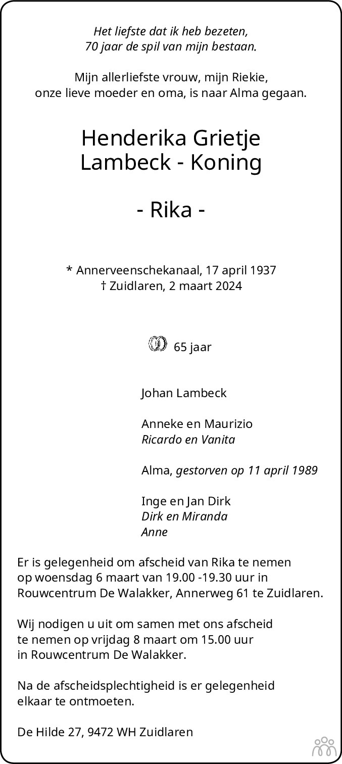 Rika (Hendrika Grietje) Lambeck-Koning 02-03-2024 overlijdensbericht en condoleances - Mensenlinq.nl