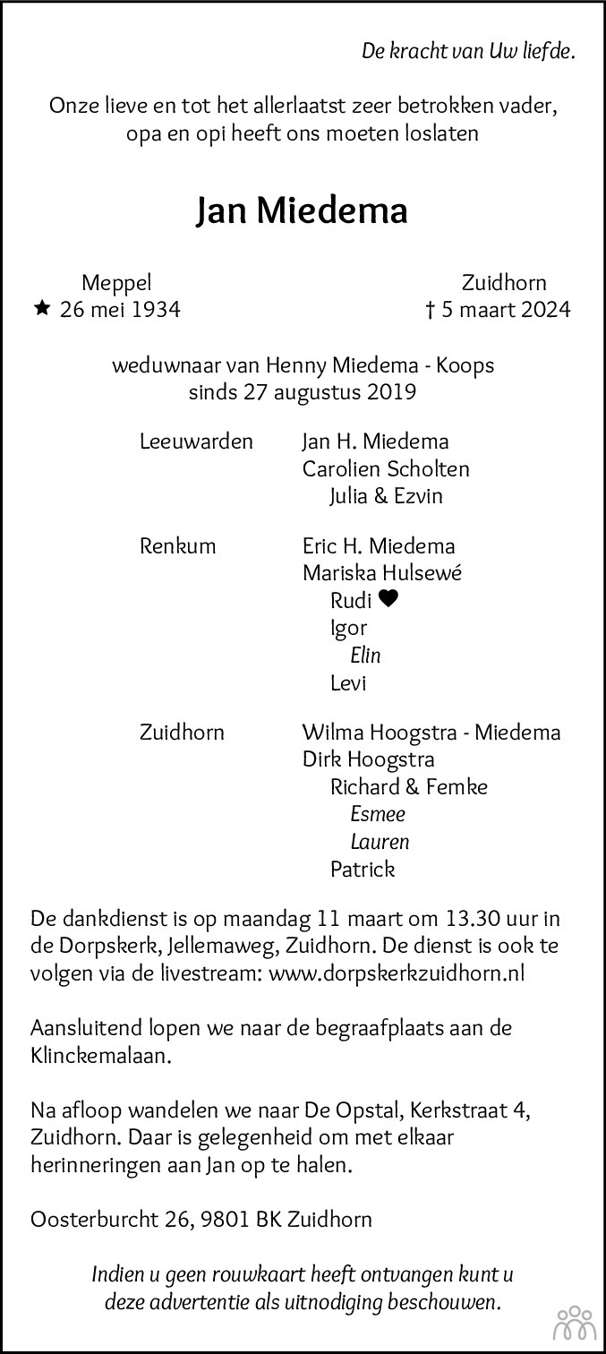 Jan Miedema 05-03-2024 overlijdensbericht en condoleances - Mensenlinq.nl