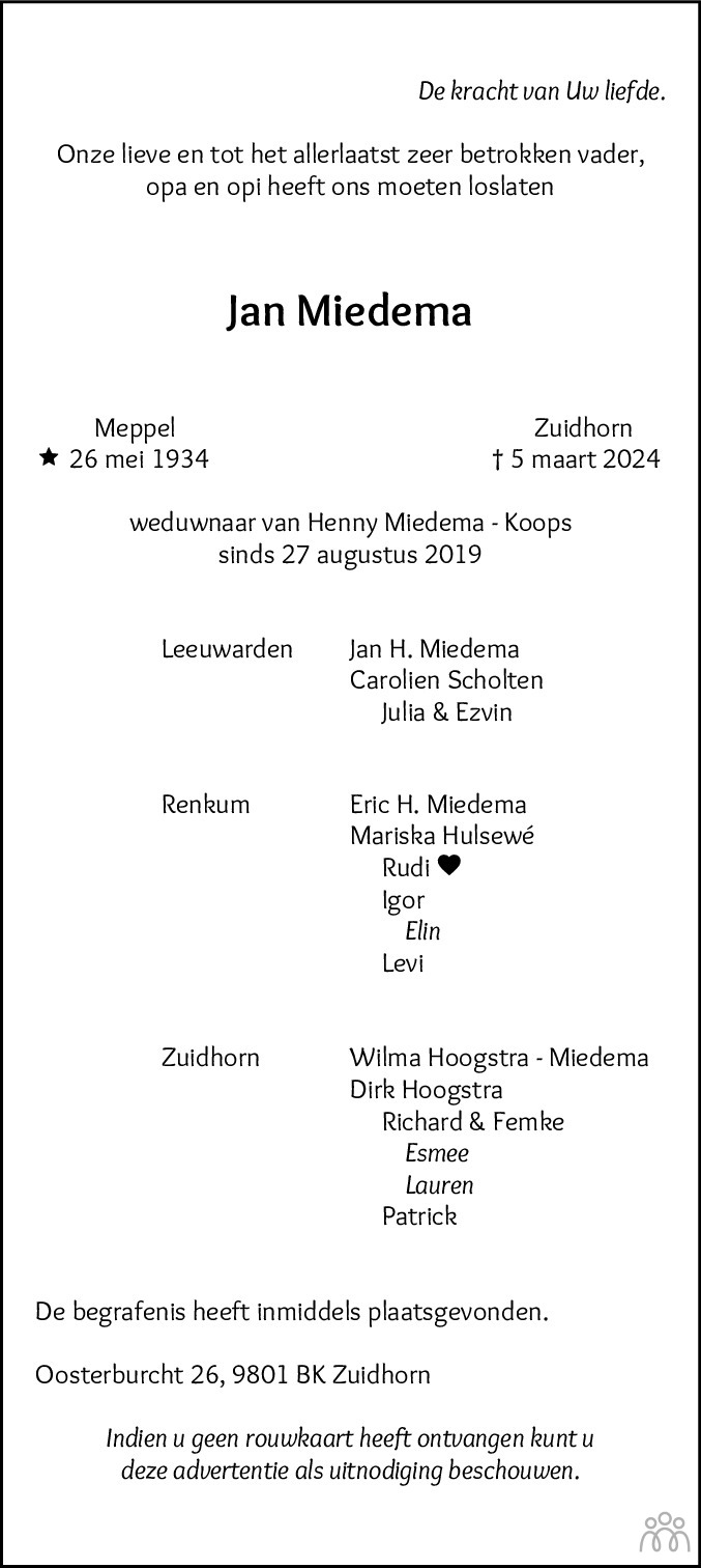 Jan Miedema 05-03-2024 overlijdensbericht en condoleances - Mensenlinq.nl