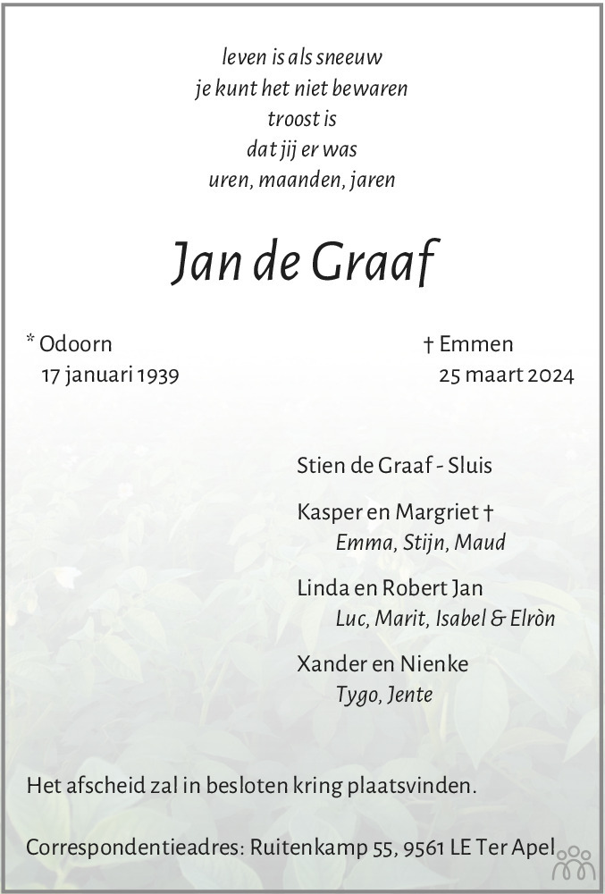 Jan de Graaf 25-03-2024 overlijdensbericht en condoleances - Mensenlinq.nl