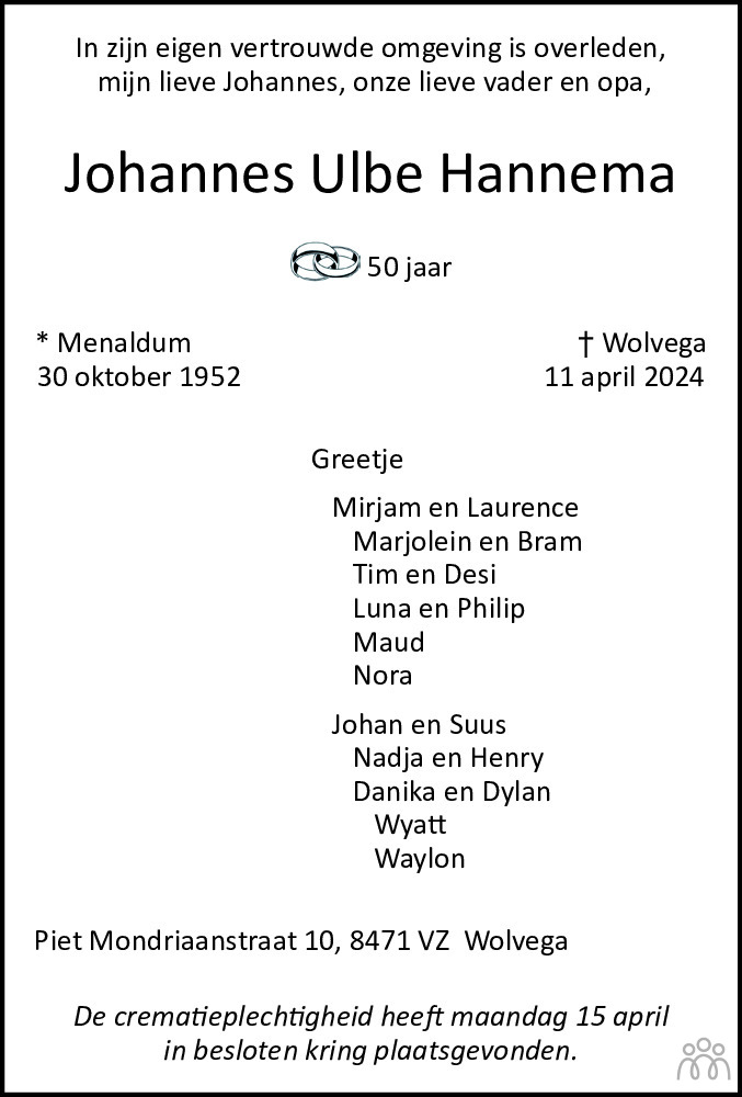 Johannes Ulbe Hannema 11-04-2024 overlijdensbericht en condoleances ...