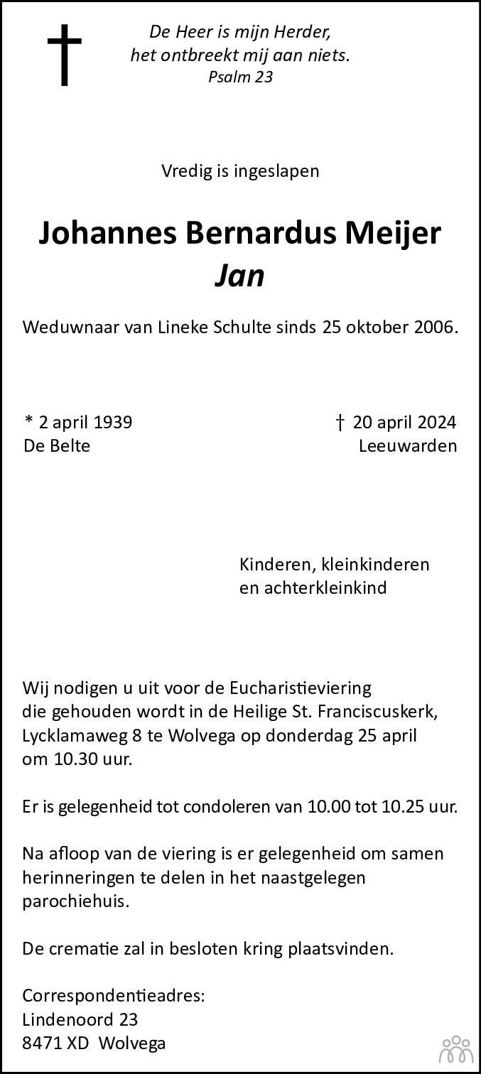Johannes Bernardus (Jan) Meijer 20-04-2024 overlijdensbericht en condoleances - Mensenlinq.nl