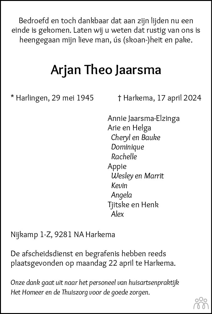 Arjan Theo Jaarsma 17-04-2024 overlijdensbericht en condoleances ...