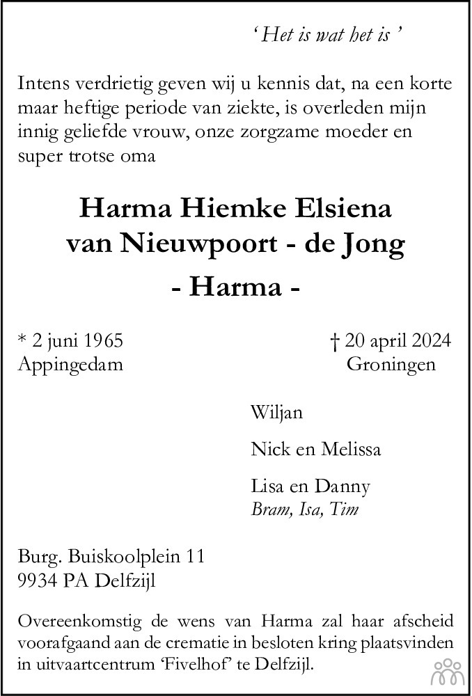 Harma Hiemke Elsiena (Harma) van Nieuwpoort-de Jong 20-04-2024 ...