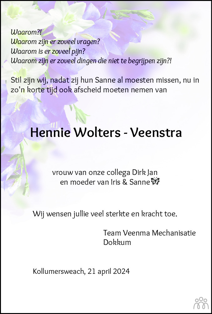 Hennie Wolters-Veenstra 21-04-2024 overlijdensbericht en condoleances ...