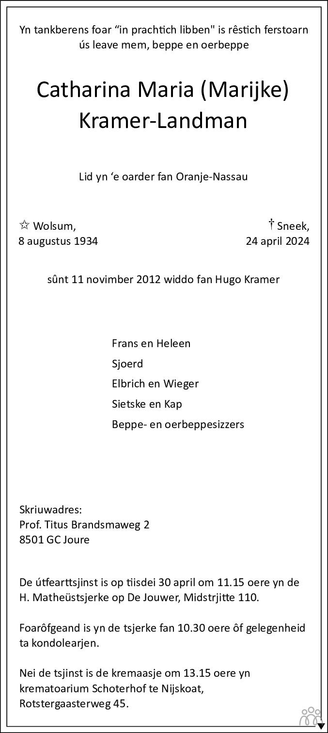 Catharina Maria (Marijke) Kramer-Landman 24-04-2024 overlijdensbericht ...
