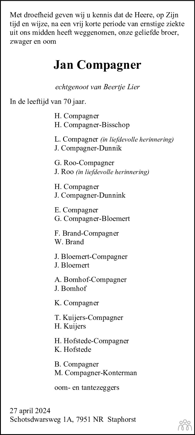 Jan Compagner 27-04-2024 overlijdensbericht en condoleances - Mensenlinq.nl