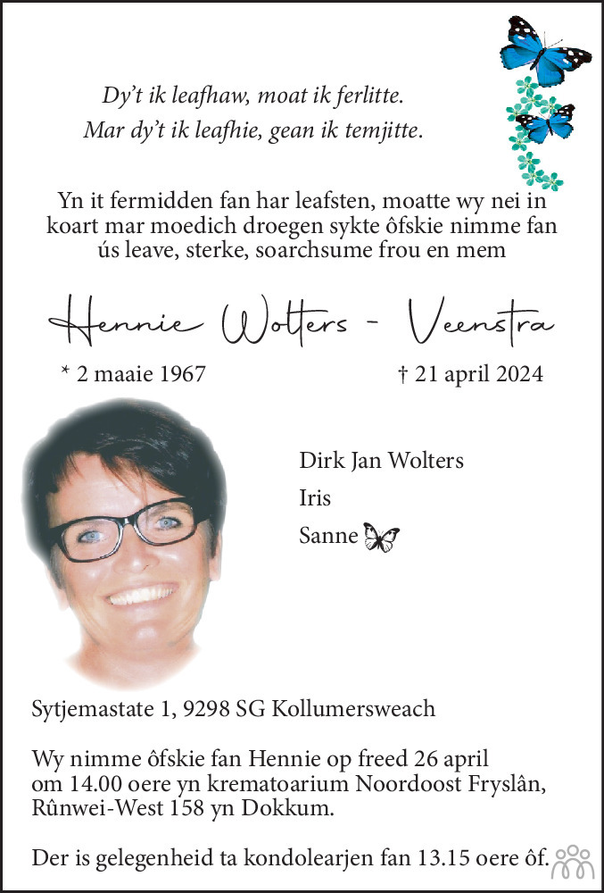 Hennie Wolters-Veenstra 21-04-2024 overlijdensbericht en condoleances ...
