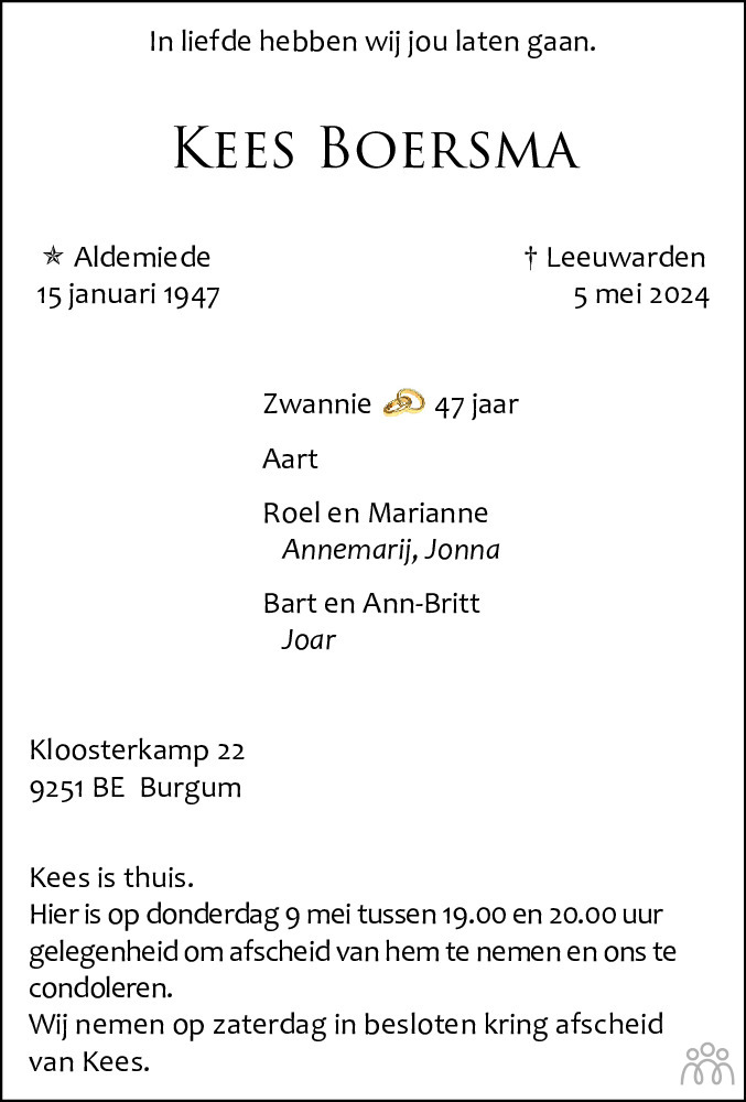 Kees Boersma 05-05-2024 overlijdensbericht en condoleances - Mensenlinq.nl