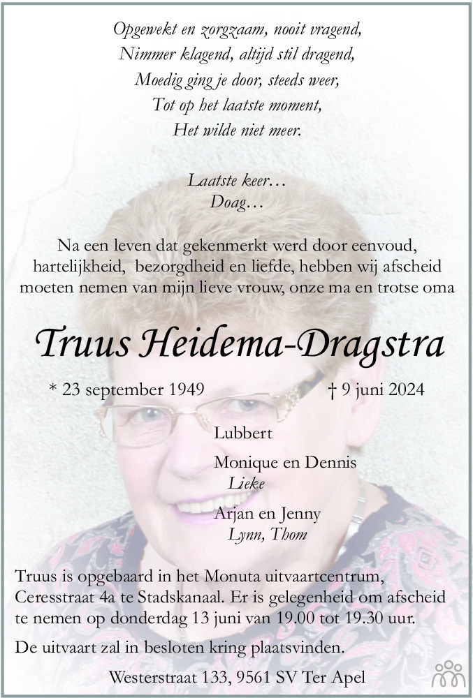 Truus Heidema-Dragstra 09-06-2024 overlijdensbericht en condoleances ...