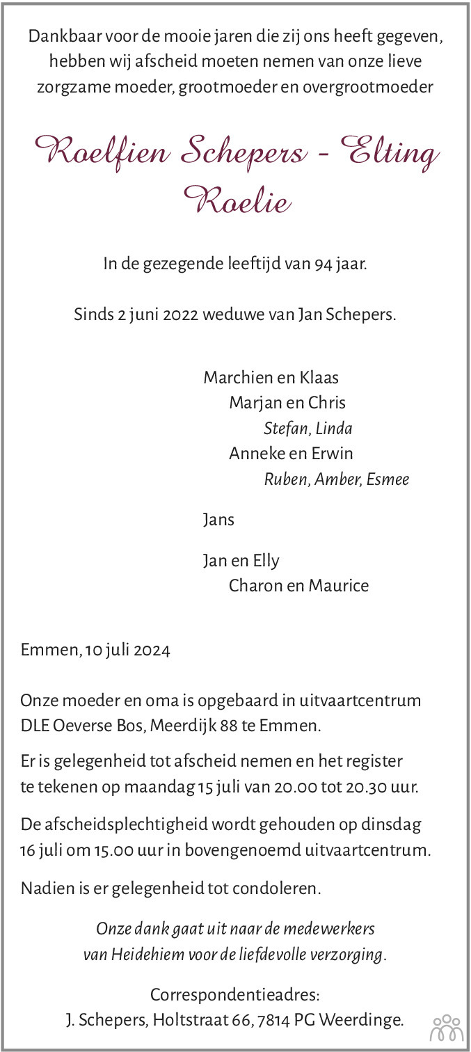 Roelfien (Roelie) Schepers-Elting 10-07-2024 overlijdensbericht en ...