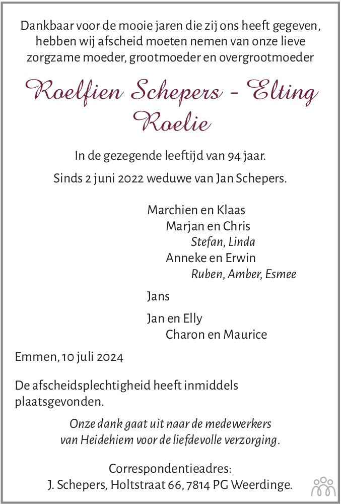 Roelfien (Roelie) Schepers-Elting 10-07-2024 overlijdensbericht en ...