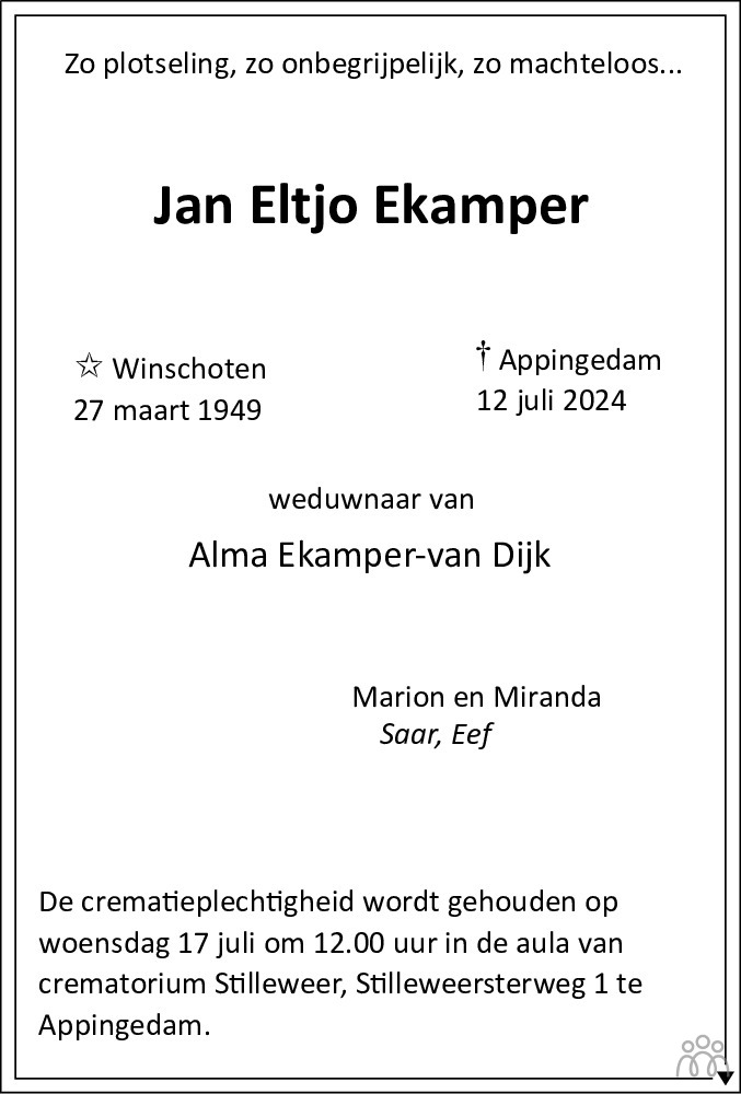 Jan Eltjo Ekamper 12-07-2024 overlijdensbericht en condoleances ...