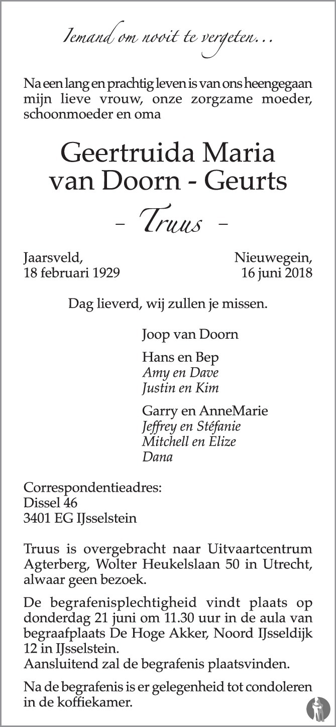 Geertruida Maria (Truus) van Doorn - Geurts 16-06-2018 ...