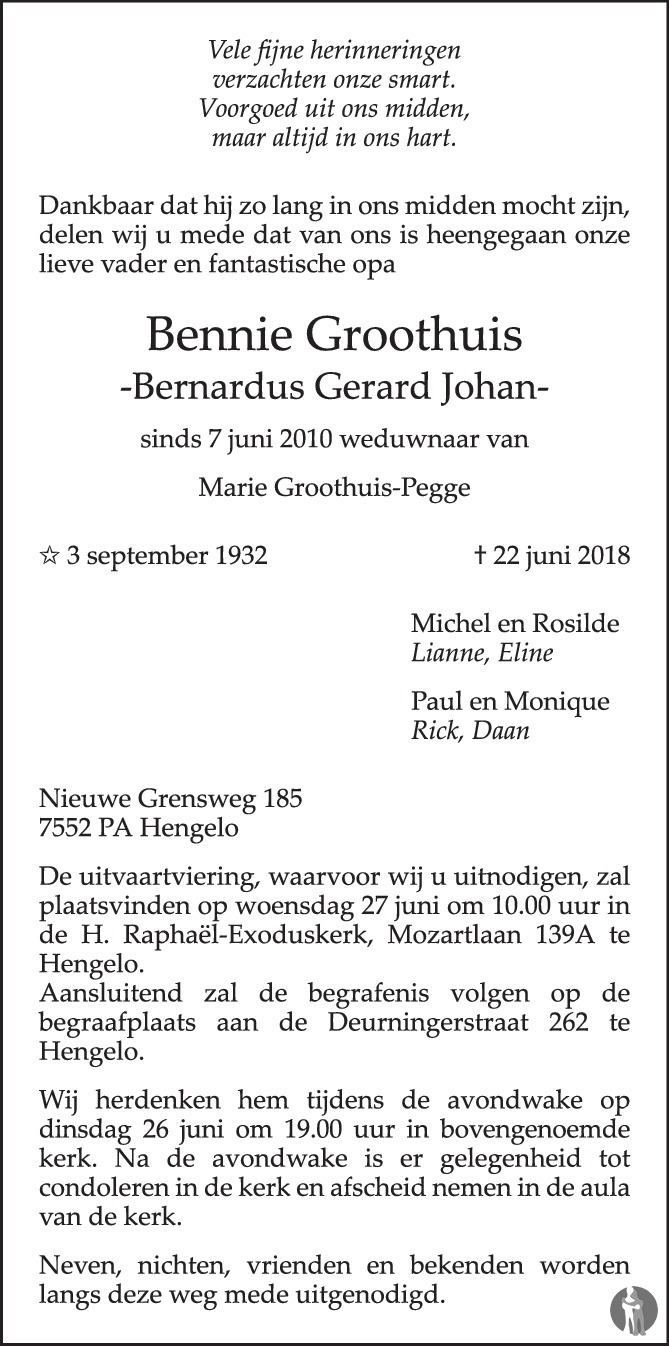 Bernardus Gerard Johan (Bennie) Groothuis 22-06-2018 overlijdensbericht ...