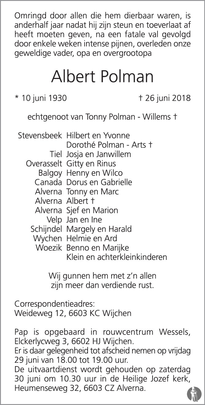Albert Polman 26-06-2018 overlijdensbericht en condoleances - Mensenlinq.nl