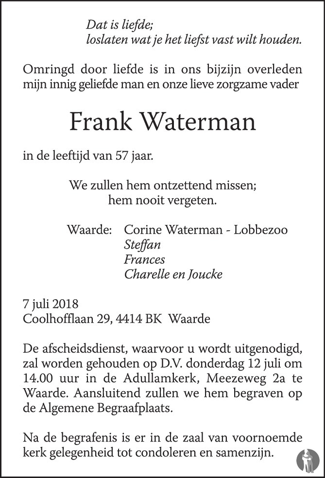 Frank Waterman 07-07-2018 overlijdensbericht en condoleances ...