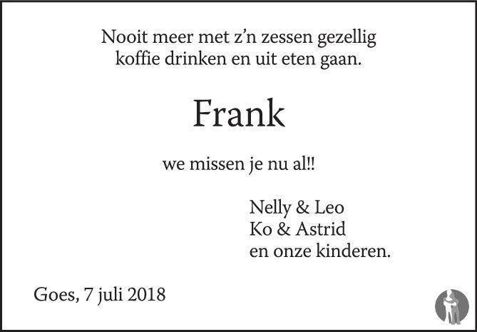 Frank Waterman 07-07-2018 overlijdensbericht en condoleances ...