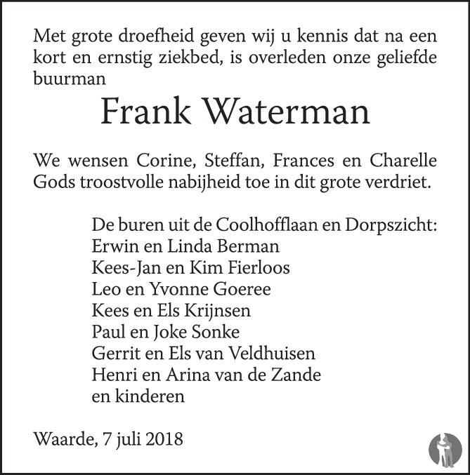 Frank Waterman 07-07-2018 overlijdensbericht en condoleances ...