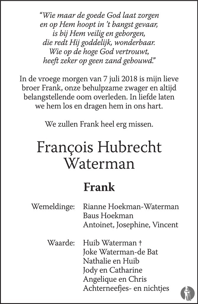 Frank Waterman 07-07-2018 overlijdensbericht en condoleances ...