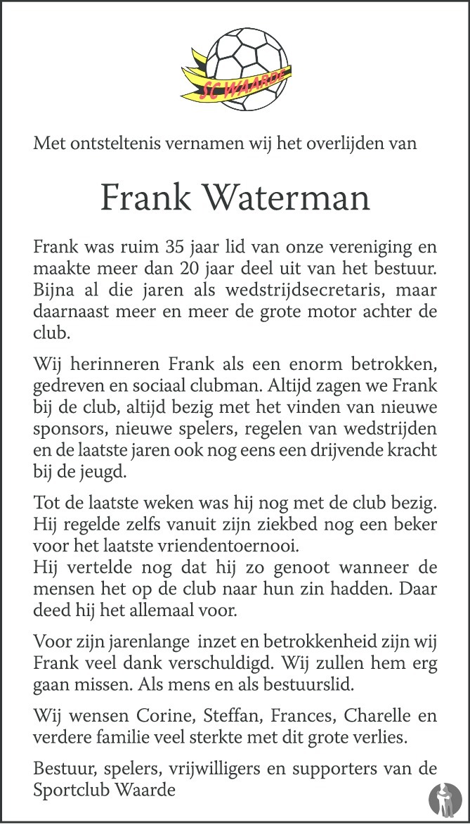 Frank Waterman 07-07-2018 overlijdensbericht en condoleances ...