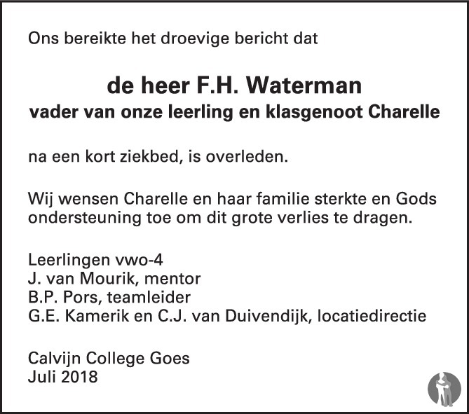 Frank Waterman 07-07-2018 overlijdensbericht en condoleances ...