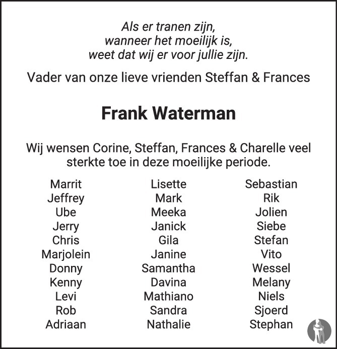 Frank Waterman 07-07-2018 overlijdensbericht en condoleances ...