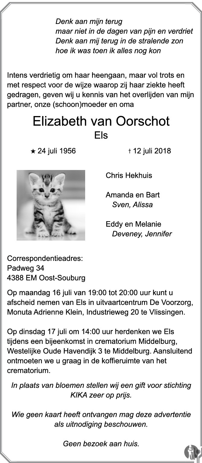 Elizabeth (Els) van Oorschot 12-07-2018 overlijdensbericht en ...