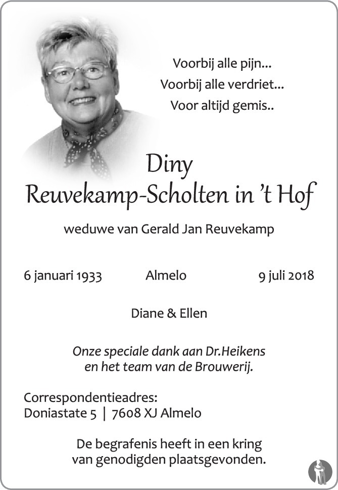 Diny Reuvekamp - Scholten in 't Hof 09-07-2018 overlijdensbericht en ...