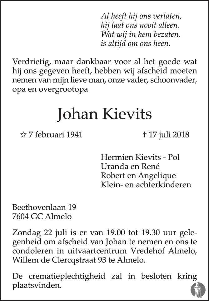 Johan Kievits 17-07-2018 overlijdensbericht en condoleances - Mensenlinq.nl