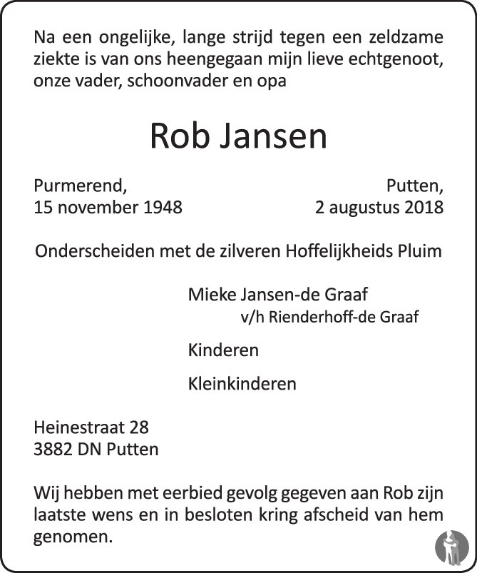 Rob Jansen 02-08-2018 overlijdensbericht en condoleances - Mensenlinq.nl