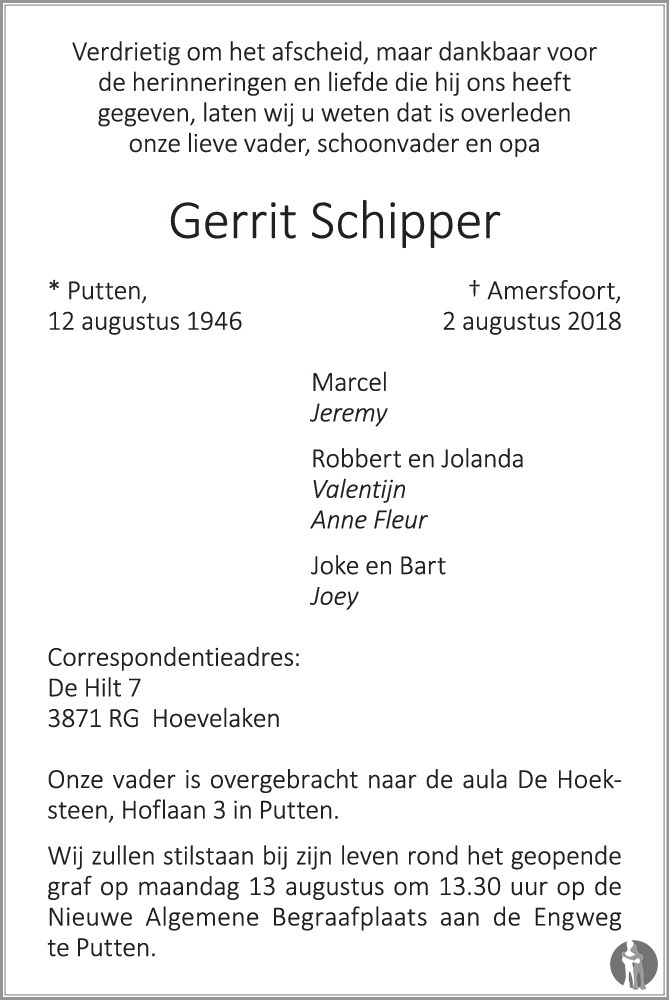 Gerrit Schipper 02-08-2018 overlijdensbericht en condoleances ...