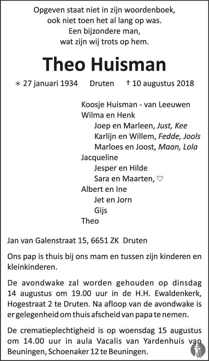 Theo Huisman 10-08-2018 overlijdensbericht en condoleances - Mensenlinq.nl