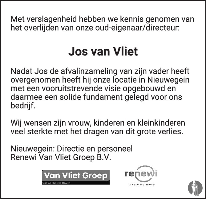 Jos van Vliet 09-08-2018 overlijdensbericht en condoleances - Mensenlinq.nl