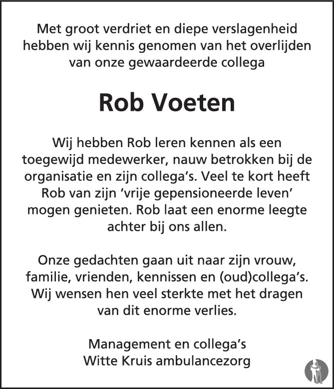 Rob Voeten 20-08-2018 overlijdensbericht en condoleances - Mensenlinq.nl