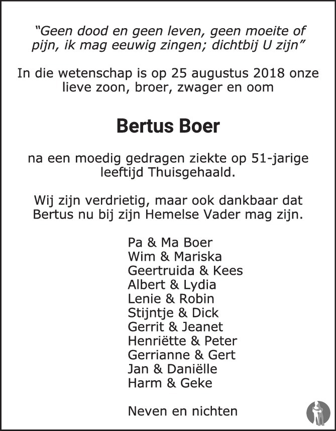 Bertus Boer 25-08-2018 overlijdensbericht en condoleances - Mensenlinq.nl