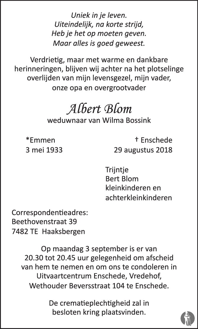 Albert Blom 29-08-2018 overlijdensbericht en condoleances - Mensenlinq.nl