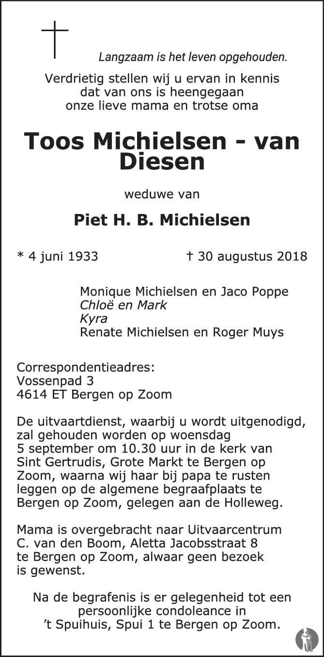 Toos Michielsen - van Diesen 30-08-2018 overlijdensbericht en ...