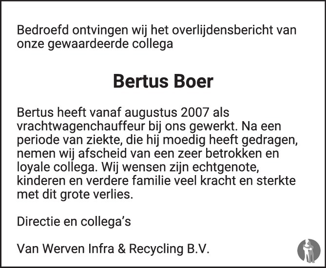 Bertus Boer 25-08-2018 overlijdensbericht en condoleances - Mensenlinq.nl