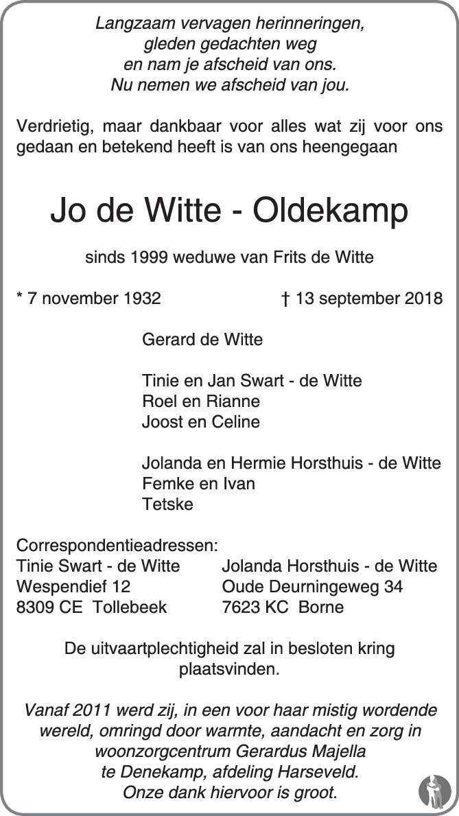 Jo de Witte - Oldekamp 13-09-2018 overlijdensbericht en condoleances ...