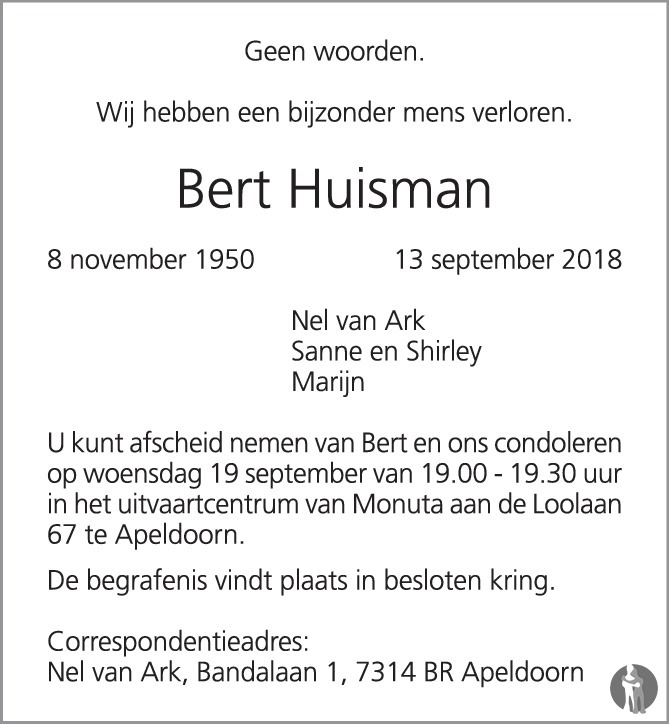 Bert Huisman 13-09-2018 overlijdensbericht en condoleances - Mensenlinq.nl