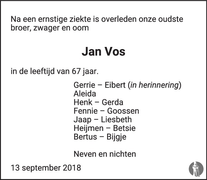 Jan Vos 13-09-2018 overlijdensbericht en condoleances - Mensenlinq.nl