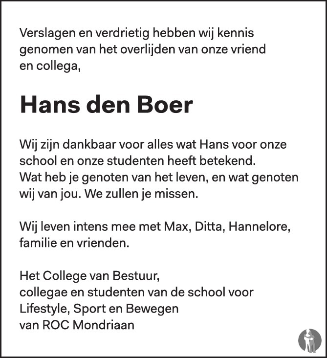 Hans den Boer 20-09-2018 overlijdensbericht en condoleances - Mensenlinq.nl