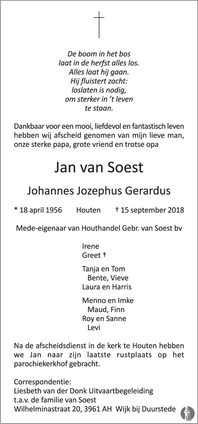Johannes Jozephus Gerardus (Jan) van Soest 15-09-2018 overlijdensbericht en condoleances ...