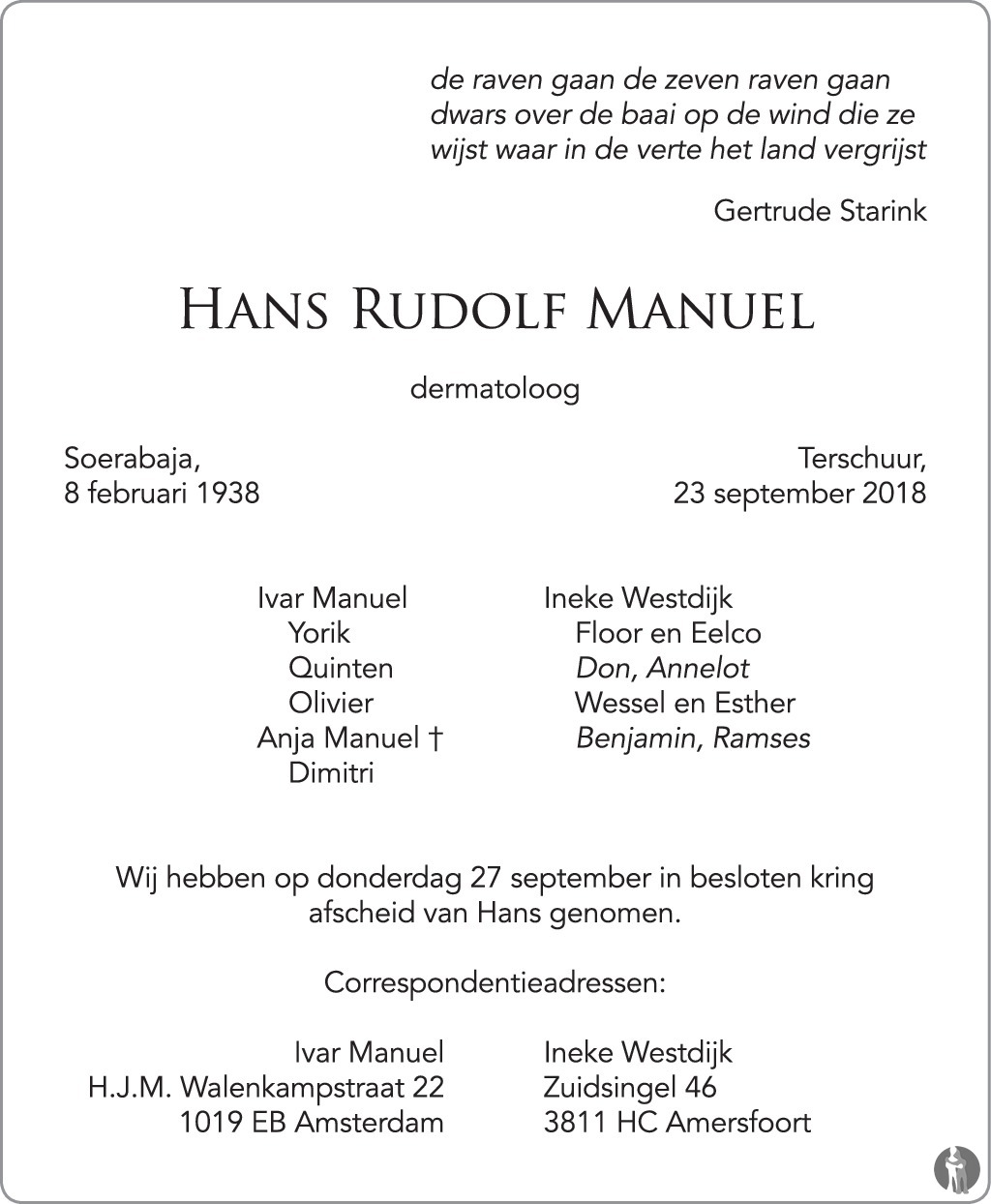 Hans Rudolf Manuel 23-09-2018 overlijdensbericht en condoleances ...
