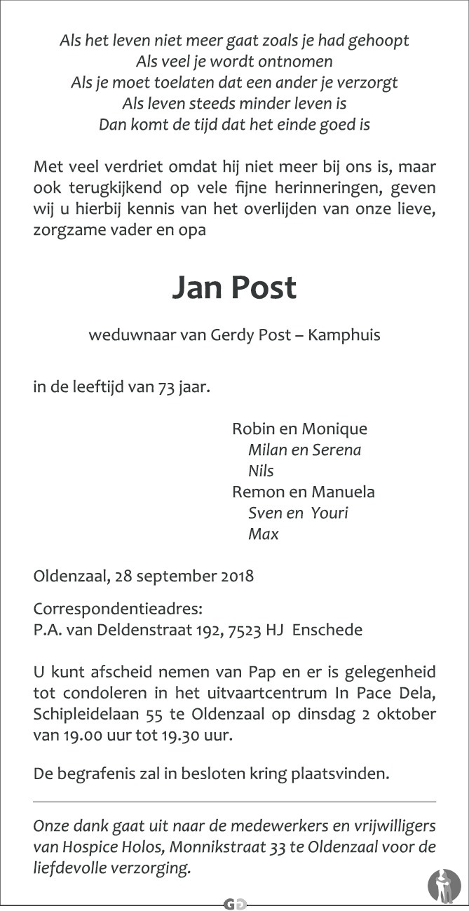 Jan Post 28-09-2018 overlijdensbericht en condoleances - Mensenlinq.nl